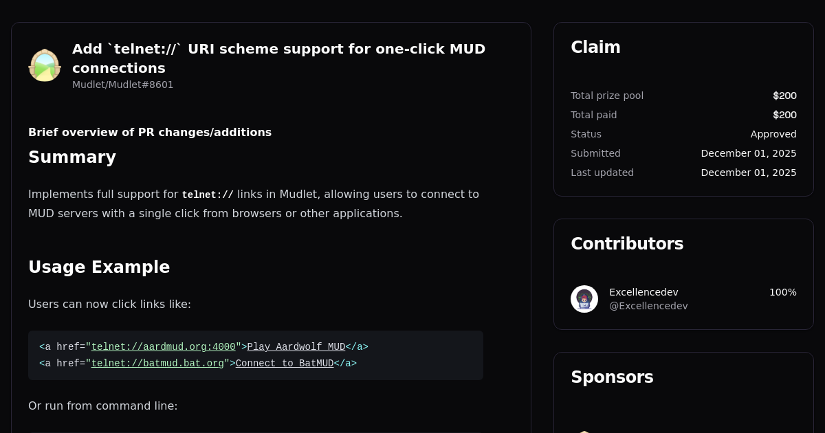 Add `telnet://` URI scheme support for one-click MUD connections | Algora