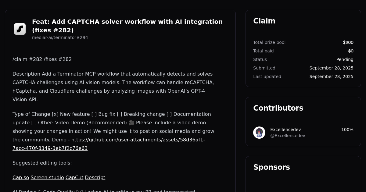 Feat: Add CAPTCHA solver workflow with AI integration (fixes #282) | Algora