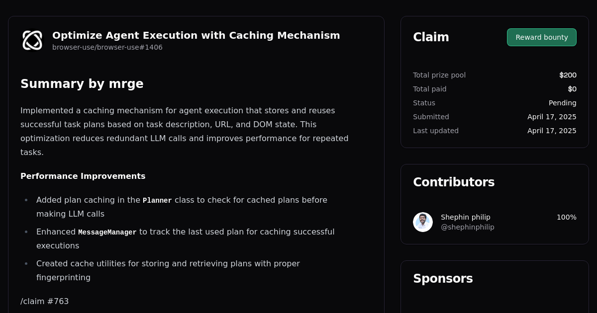 Optimize Agent Execution with Caching Mechanism | Algora