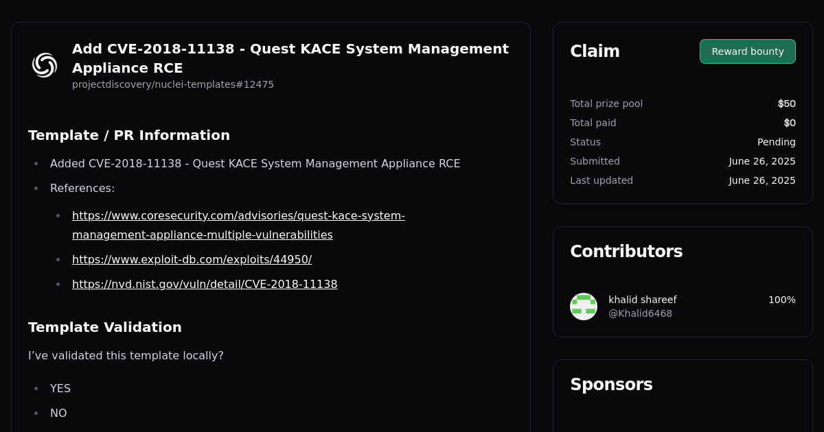 Add CVE-2018-11138 - Quest KACE System Management Appliance RCE | Algora