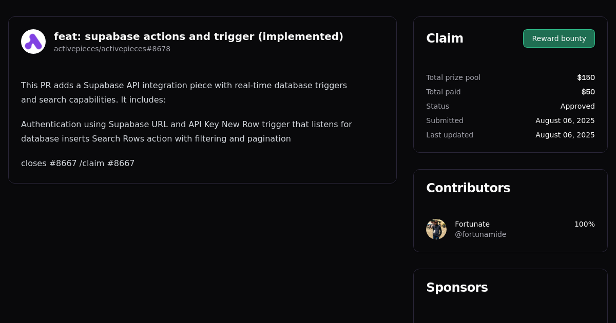feat: supabase actions and trigger (implemented) | Algora