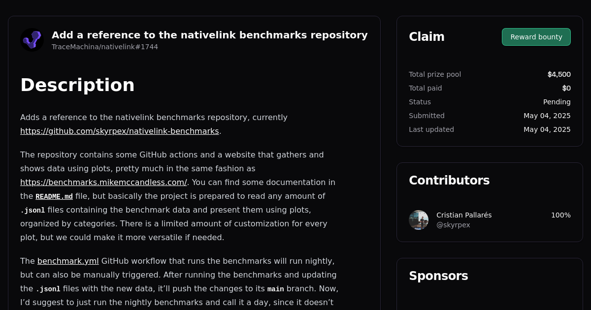 Add a reference to the nativelink benchmarks repository | Algora