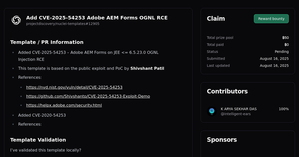 Add CVE-2025-54253 Adobe AEM Forms OGNL RCE | Algora
