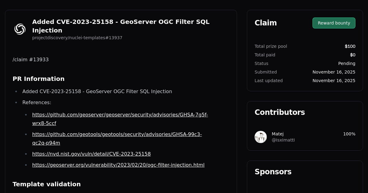 Added CVE-2023-25158 - GeoServer OGC Filter SQL Injection | Algora