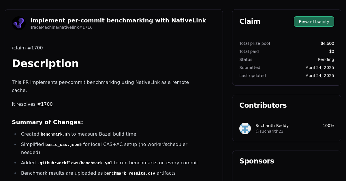 Implement per-commit benchmarking with NativeLink | Algora