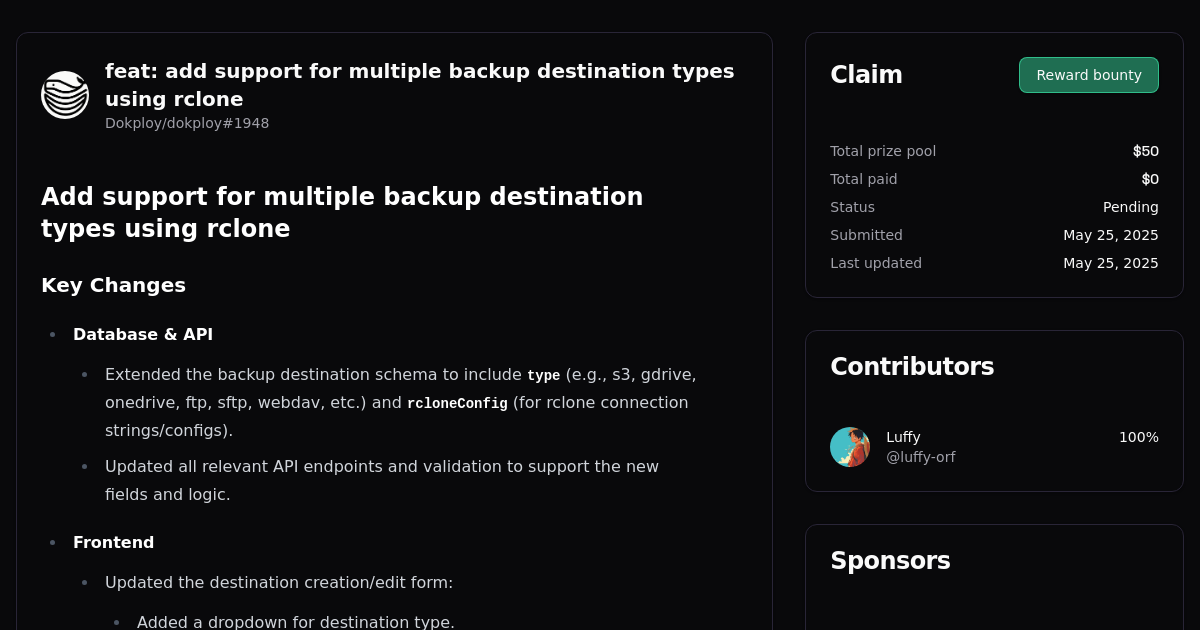 feat: add support for multiple backup destination types using rclone | Algora