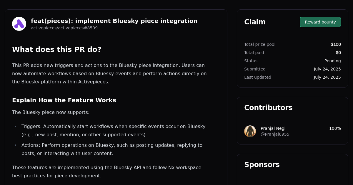 feat(pieces): implement Bluesky piece integration | Algora