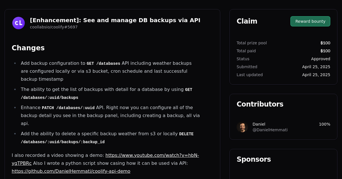 [Enhancement]: See and manage DB backups via API | Algora