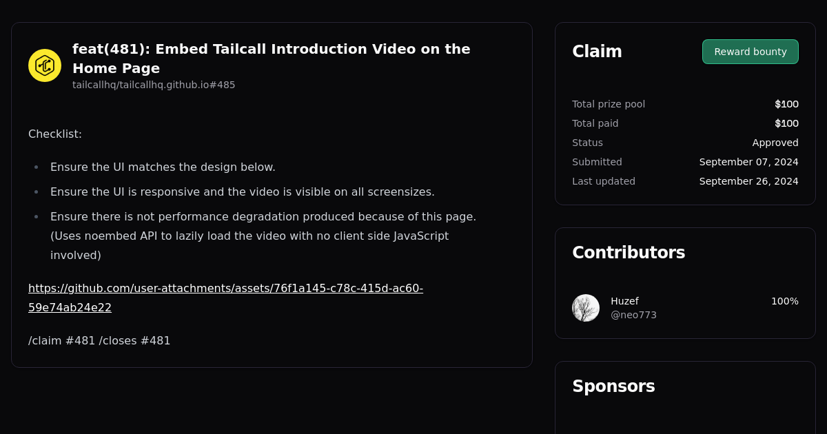 feat(481): Embed Tailcall Introduction Video on the Home Page | Algora