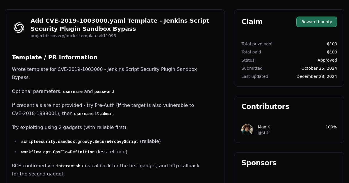 Add CVE-2019-1003000.yaml Template - Jenkins Script Security Plugin Sandbox Bypass | Algora