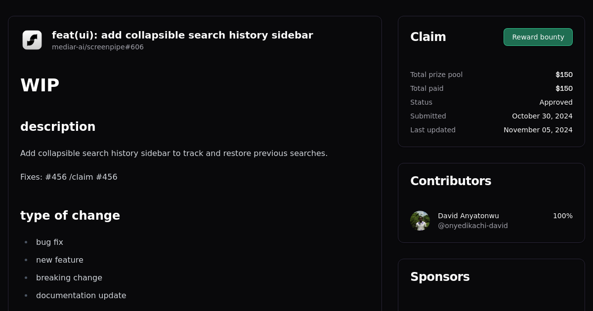 feat(ui): add collapsible search history sidebar | Algora