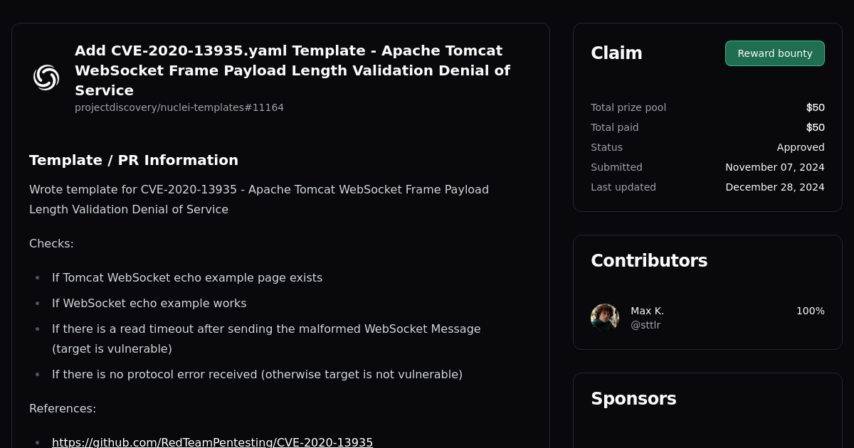 Add CVE-2020-13935.yaml Template - Apache Tomcat WebSocket Frame Payload Length Validation ...