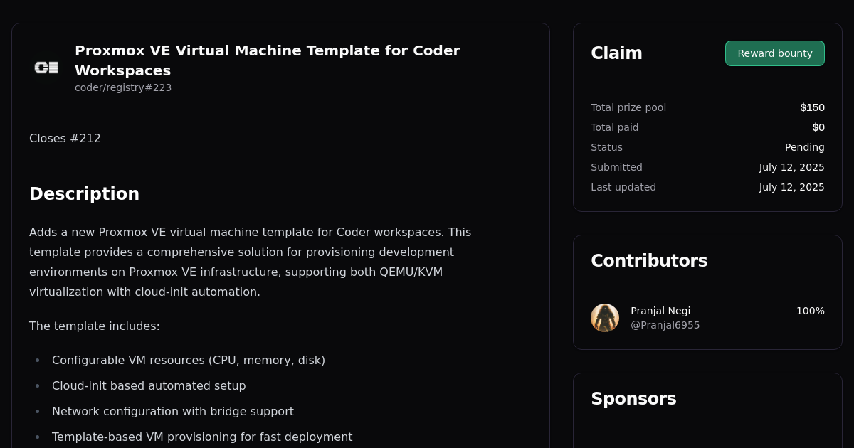 Proxmox VE Virtual Machine Template for Coder Workspaces | Algora