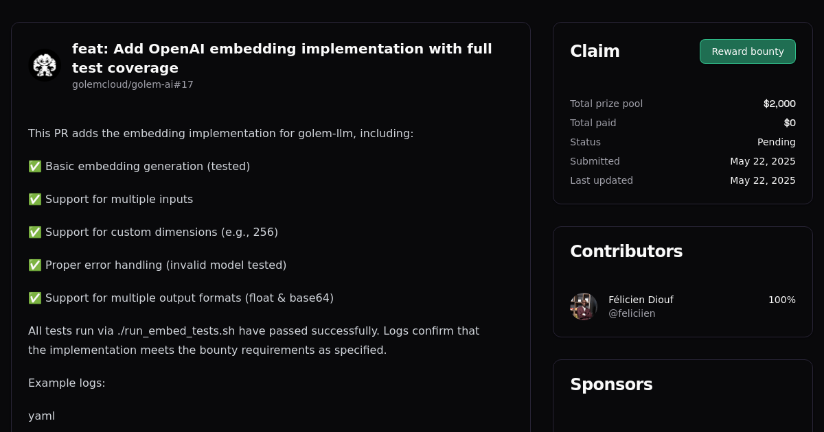 feat: Add OpenAI embedding implementation with full test coverage | Algora