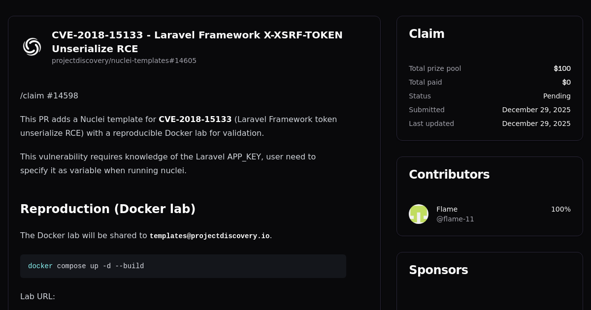 CVE-2018-15133 - Laravel Framework X-XSRF-TOKEN Unserialize RCE | Algora