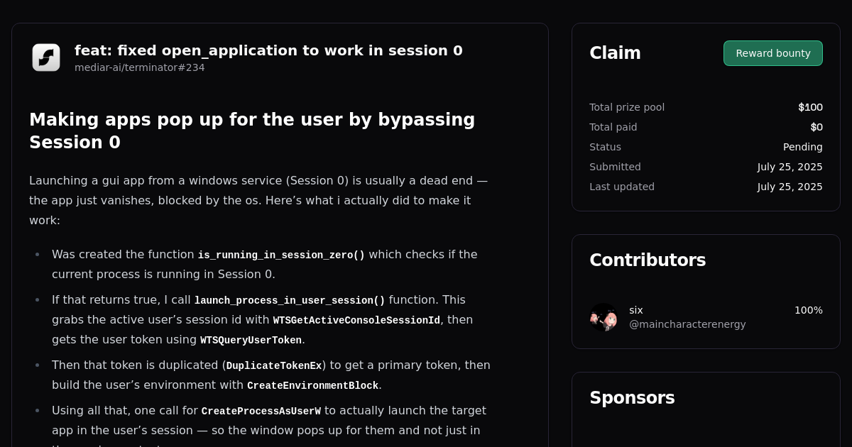 feat: fixed open_application to work in session 0 | Algora