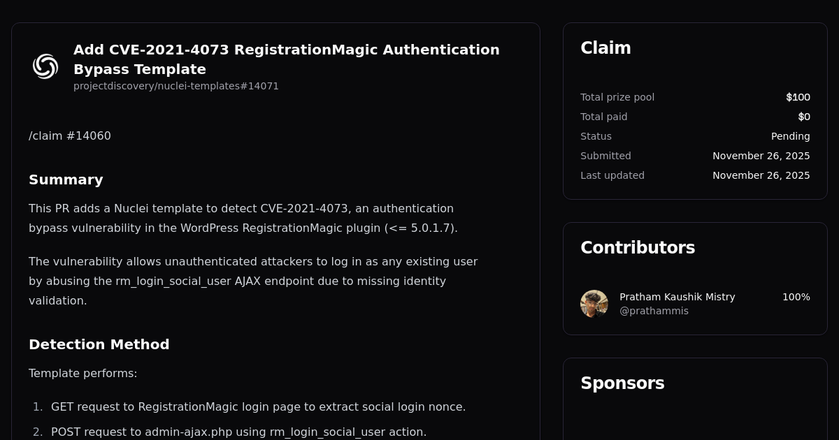 Add CVE-2021-4073 RegistrationMagic Authentication Bypass Template | Algora