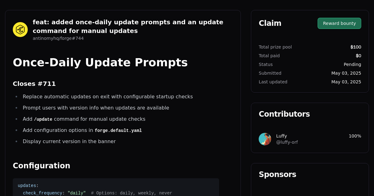 feat: added once-daily update prompts and an update command for manual ...