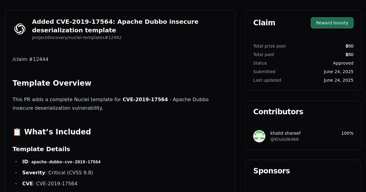 Added CVE-2019-17564: Apache Dubbo insecure deserialization template | Algora