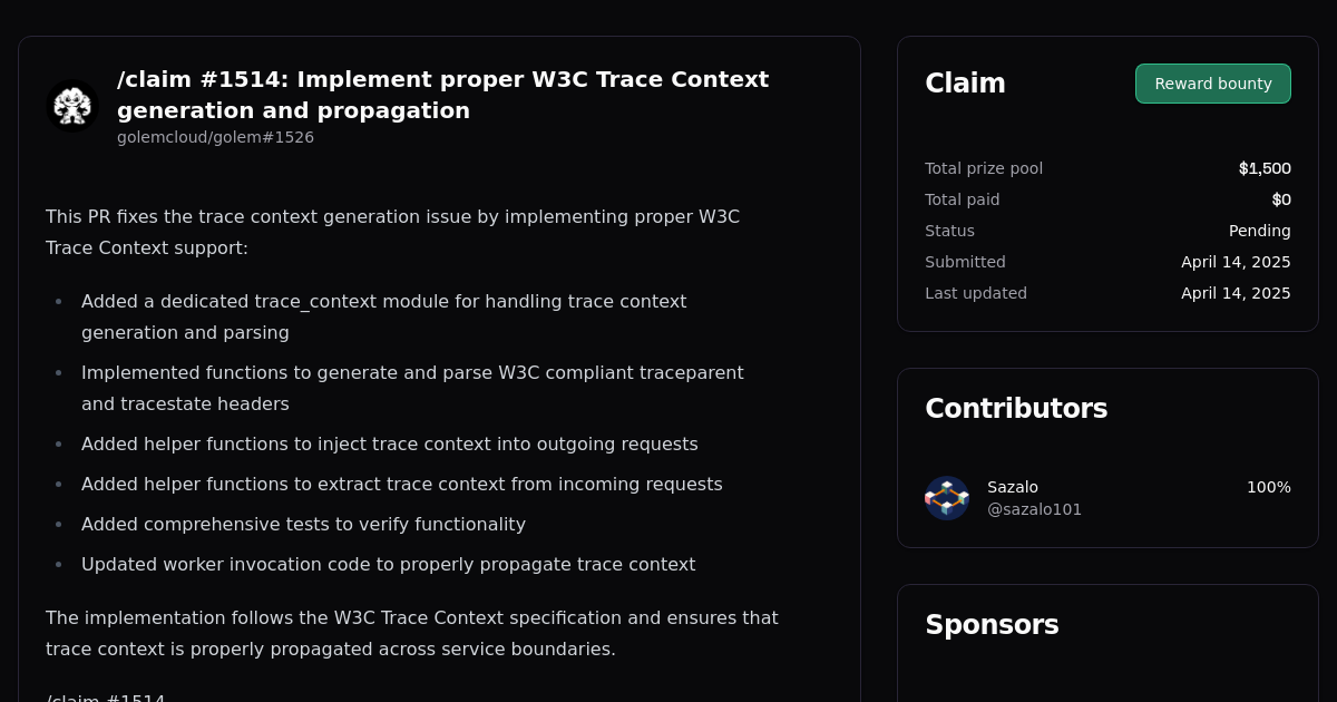 /claim #1514: Implement proper W3C Trace Context generation and propagation | Algora