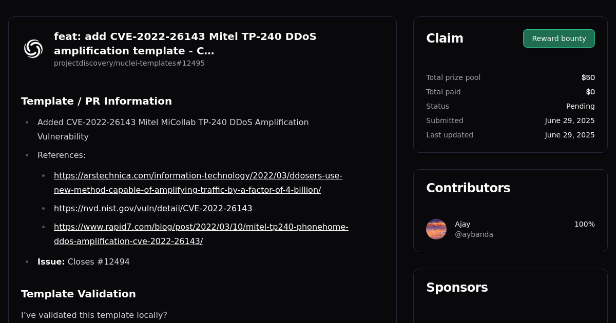 feat: add CVE-2022-26143 Mitel TP-240 DDoS amplification template - C… | Algora
