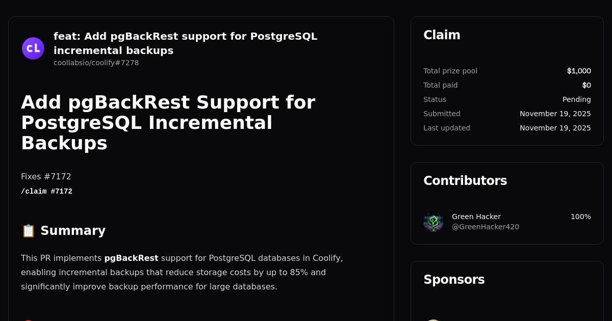 feat: Add pgBackRest support for PostgreSQL incremental backups | Algora