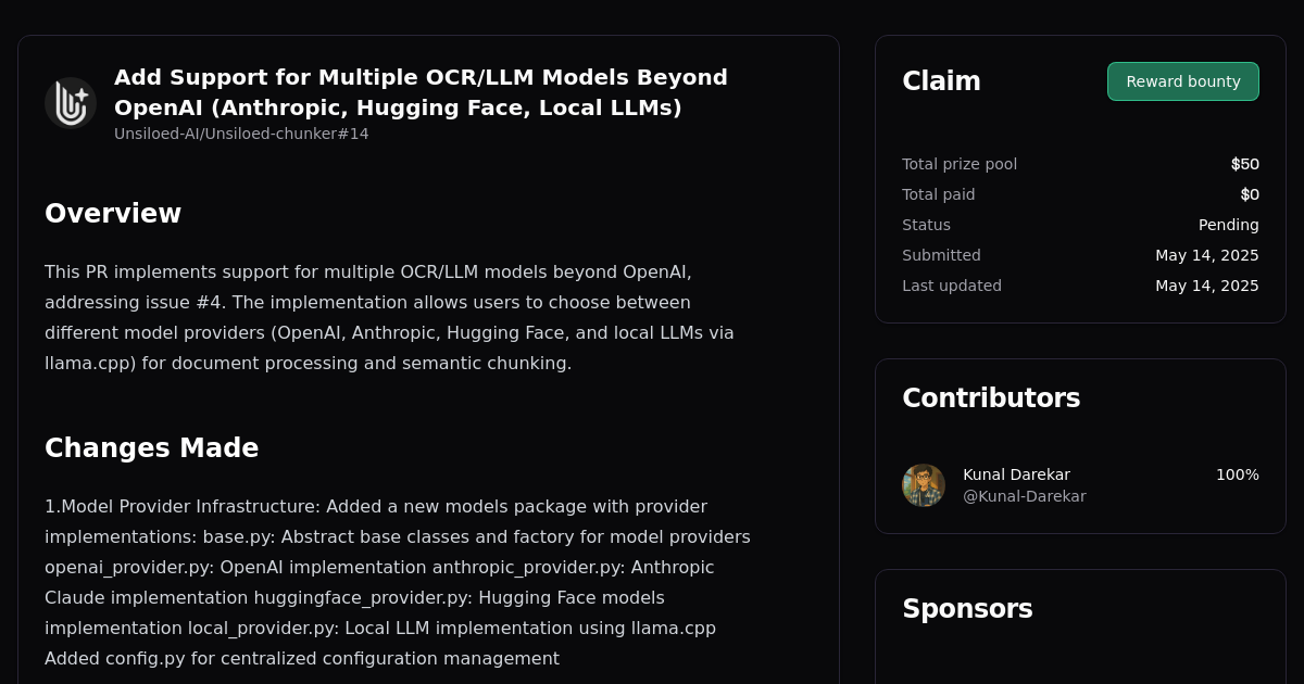 Add Support for Multiple OCR/LLM Models Beyond OpenAI (Anthropic, Hugging Face, Local LLMs) | Algora