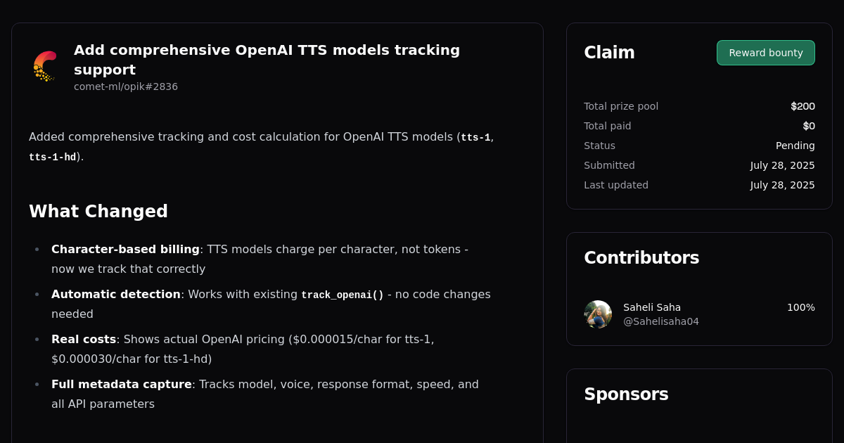 Add comprehensive OpenAI TTS models tracking support | Algora