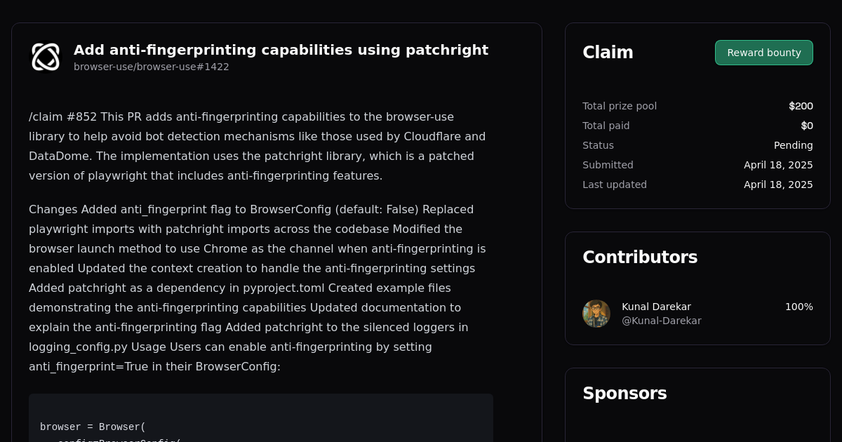Add anti-fingerprinting capabilities using patchright | Algora