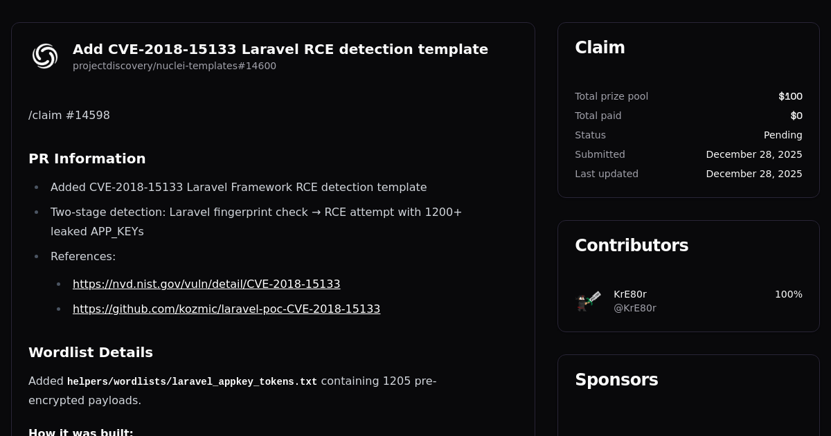 Add CVE-2018-15133 Laravel RCE detection template | Algora